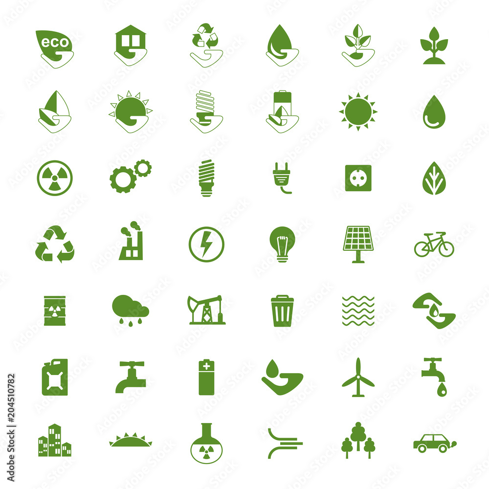 Set of eco icons. Problems of ecology and environment, renewable energy ...