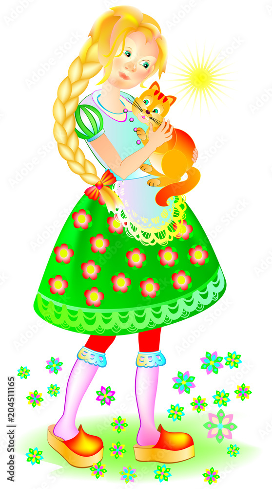 Beautiful girl hugging her beloved cat. Illustration for children's ...