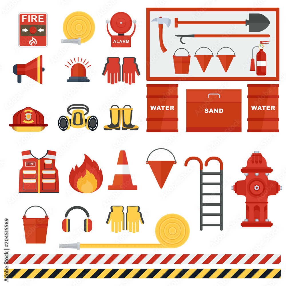Set of fire equipment. Vector fire man tools . Flat cartoon fire ...