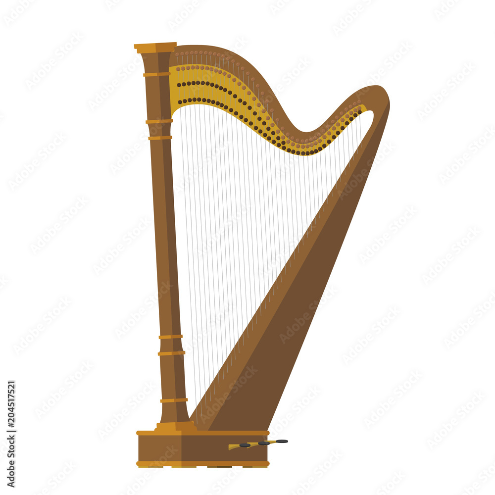Vector illustration of a harp in cartoon style isolated on white ...