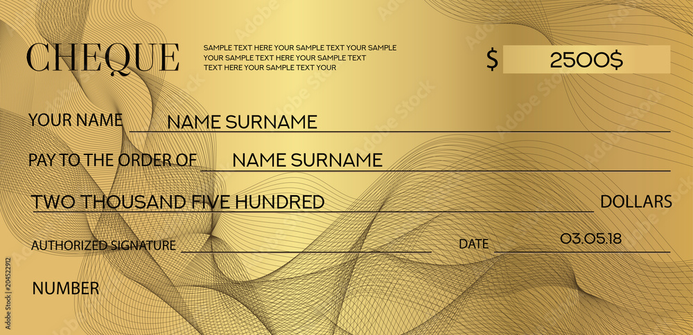 Check (cheque), Chequebook template. Lines pattern (watermark, lines ...