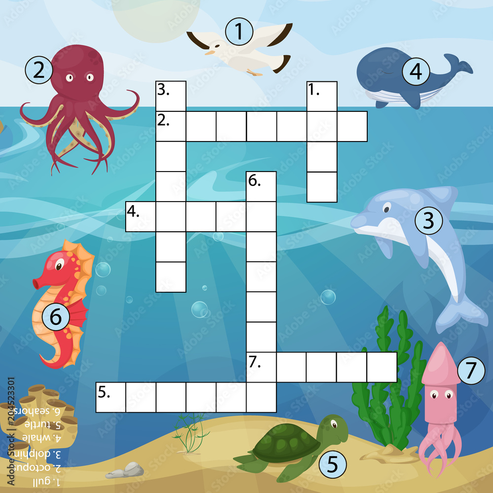 Crossword kids magazine book puzzle game of sea underwater ocean fish ...