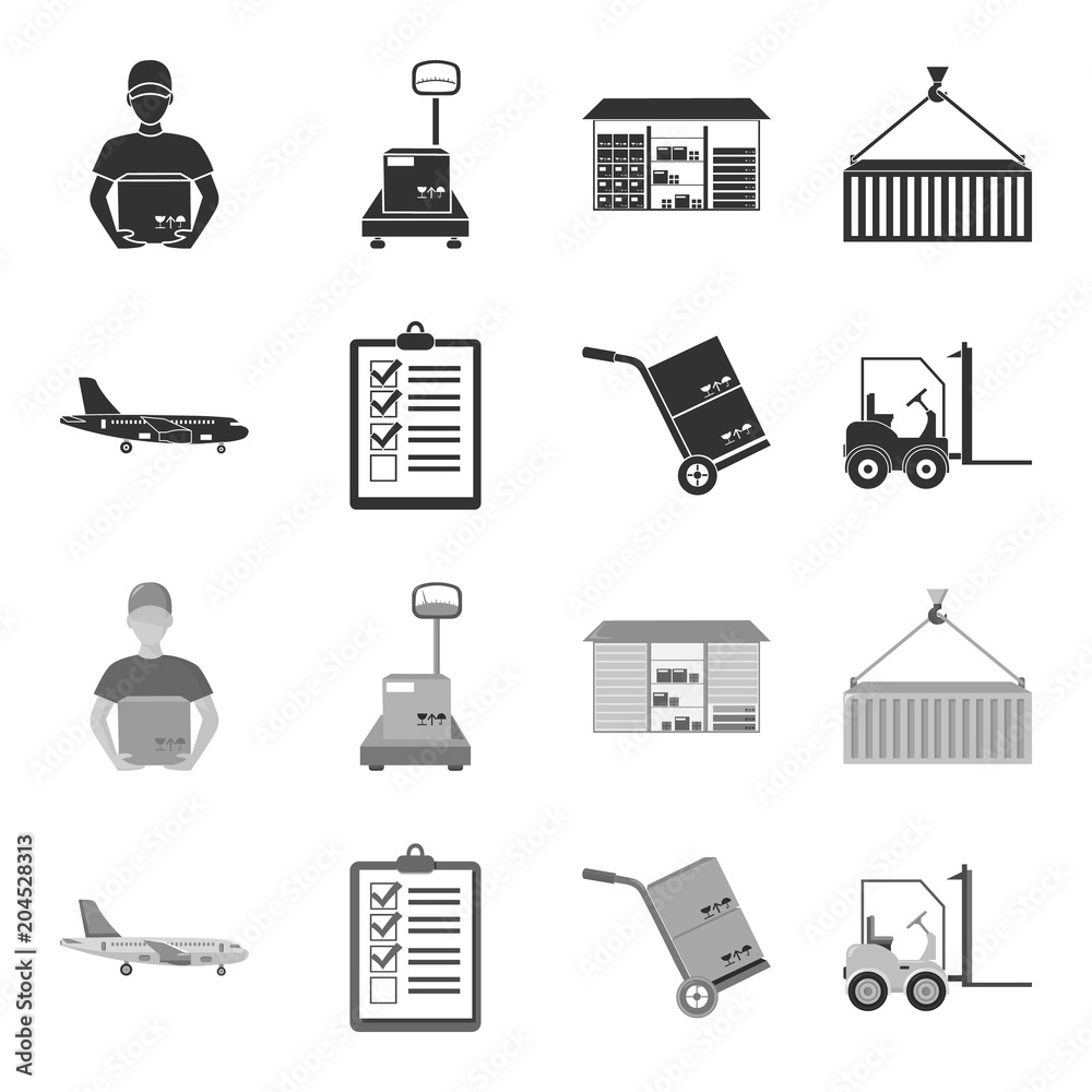 Cargo plane, cart for transportation, boxes, forklift, documents ...