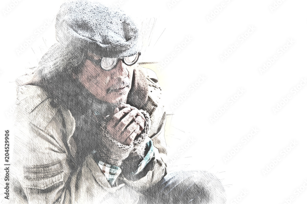 Abstract homeless man looking forward on watercolor painting background ...