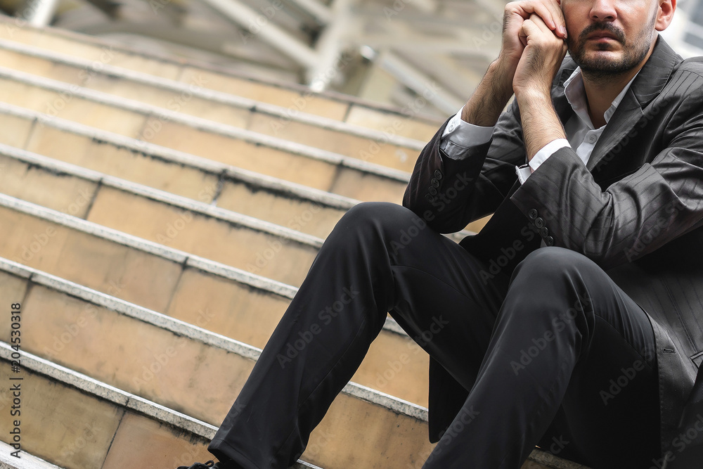 Unemployed businessman stress sitting on stair, concept of business ... Unemployed businessman stress sitting on stair, concept of business ...