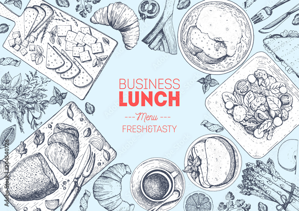Business lunch top view frame. Food menu design. Vintage hand drawn ...