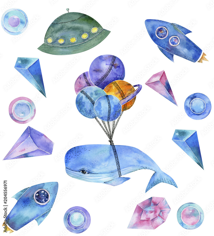 Space Whale watercolor fantasy whale on milky way solar system flying ...