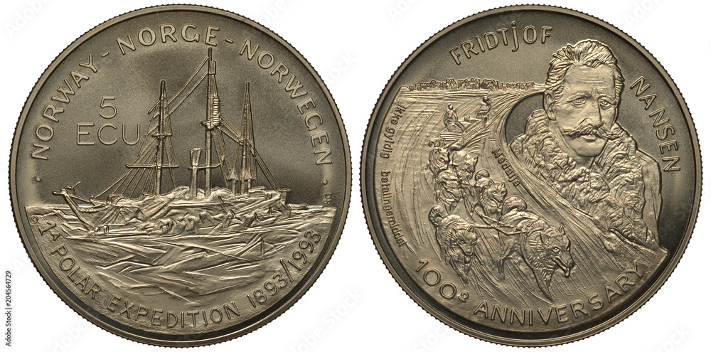 Norway, Norwegian coin five ecu 1993 first polar expedition, ship in ...