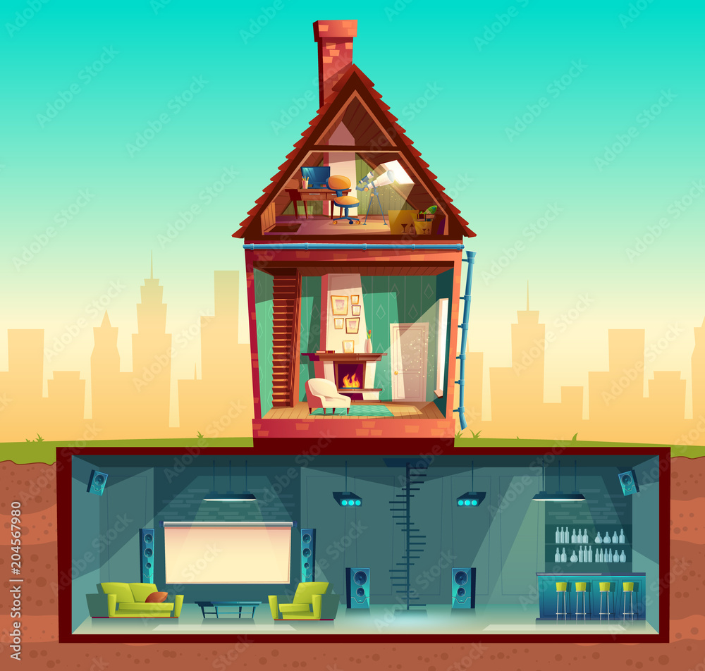 Vector house interior in cross section, cartoon living room. Attic with ...