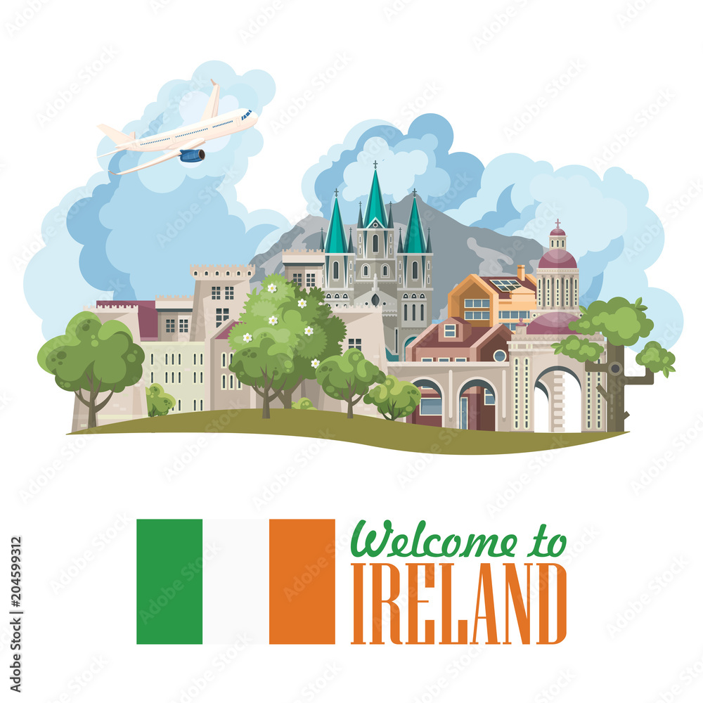 Ireland vector illustration with landmarks, irish castle, green fields ...