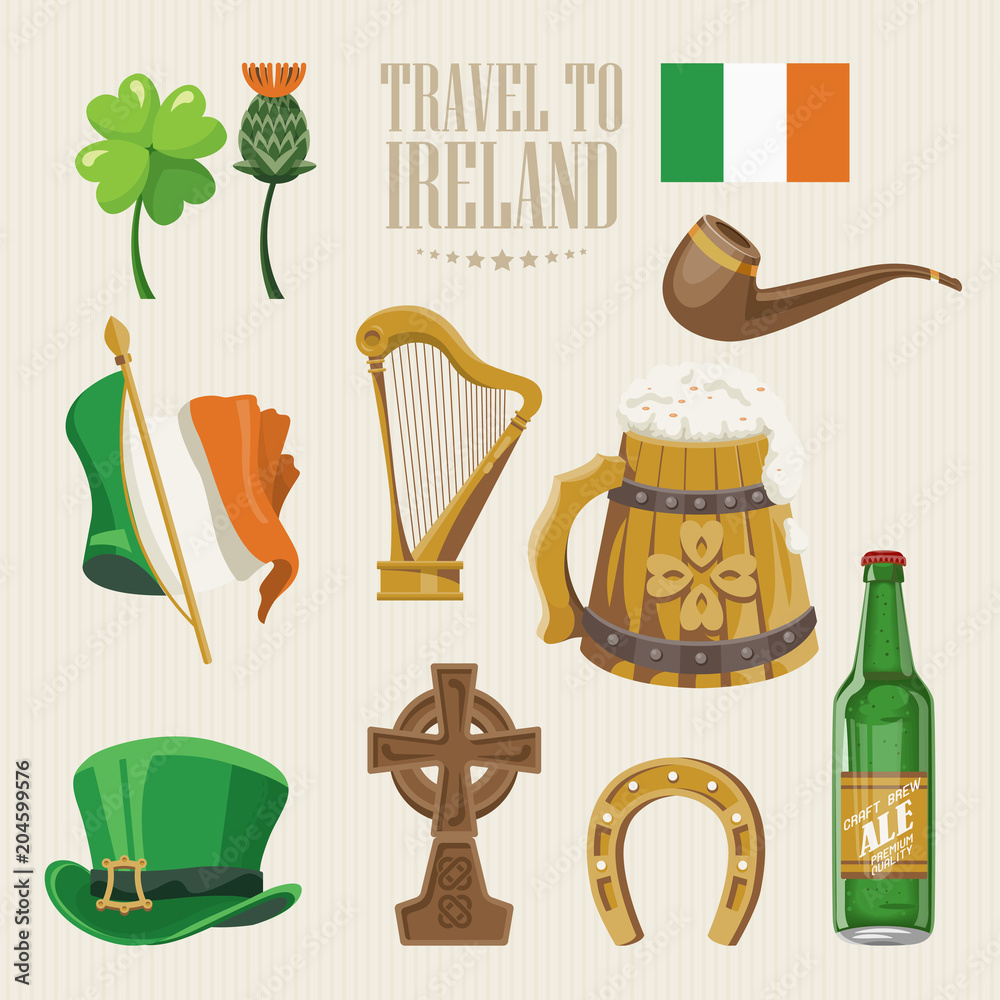 Ireland vector illustration with landmarks, irish castle, green fields ...