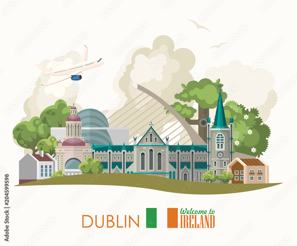 Ireland vector illustration with landmarks, irish castle, green fields ...