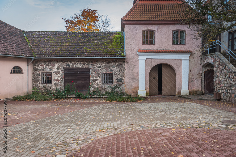 Well preserved buildings, streets and towers in a small walled medieval ...