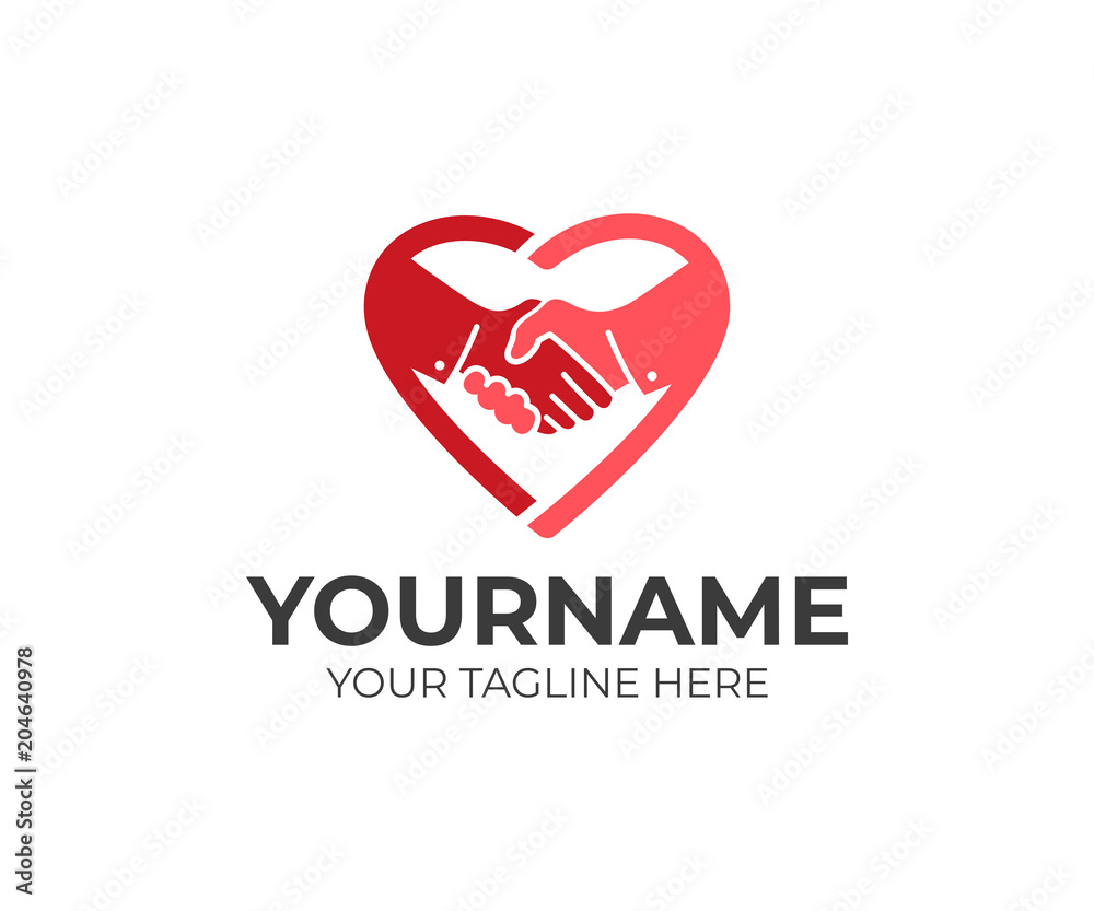 Handshake in heart, logo template. Friendship, trust and health, vector ...