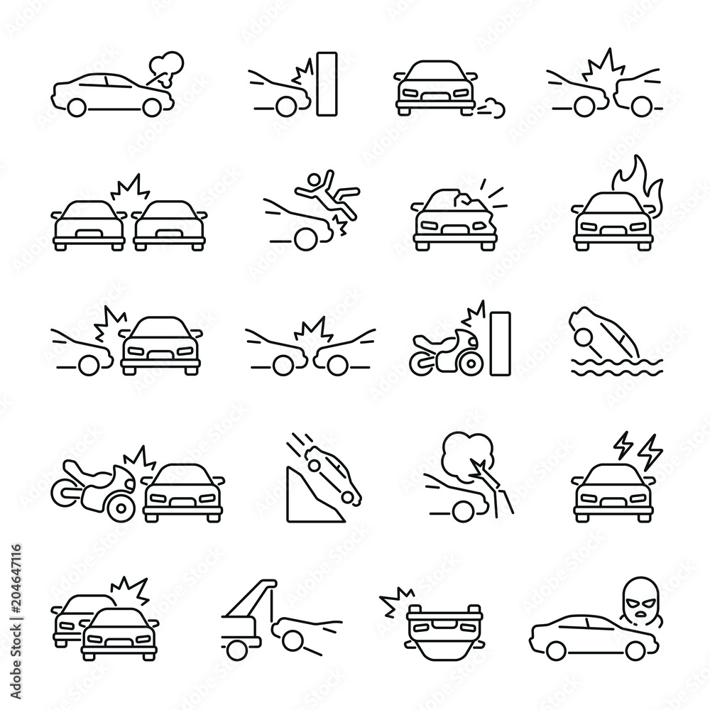 Car Accident related icons: thin vector icon set, black and white kit ...