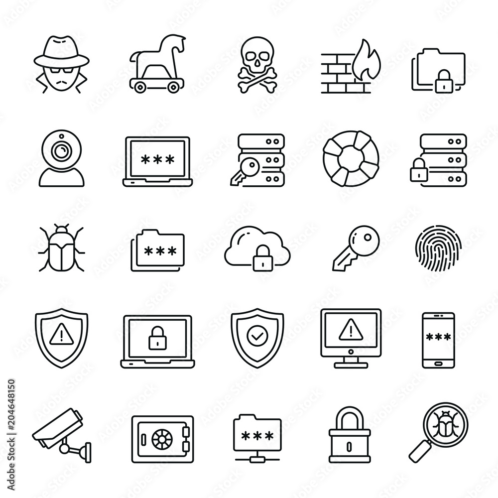 Data Security related icons: thin vector icon set, black and white kit ...