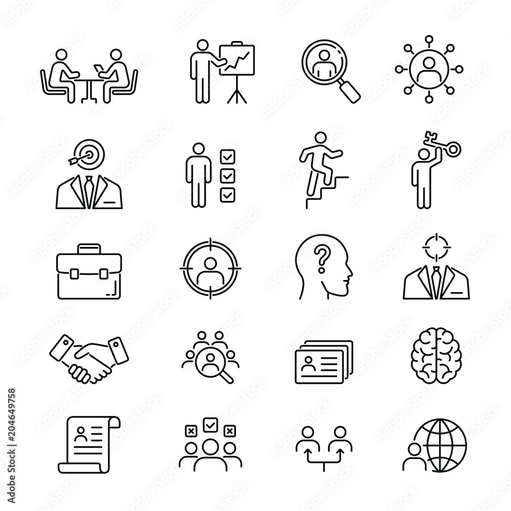 Head Hunting related icons: thin vector icon set, black and white kit ...