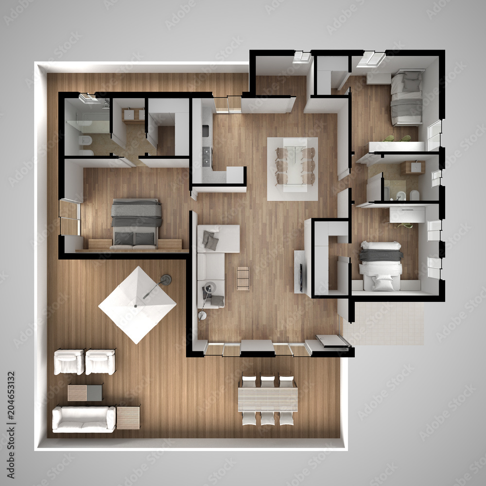 Apartment flat top view, furniture and decors, plan, cross section ...
