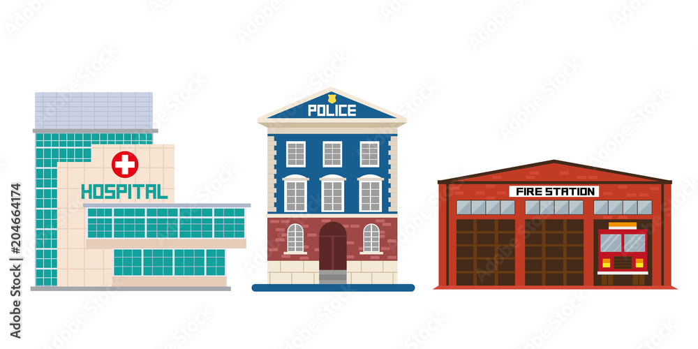 Hospital, fire department, police station, building, flat, vector Stock ...