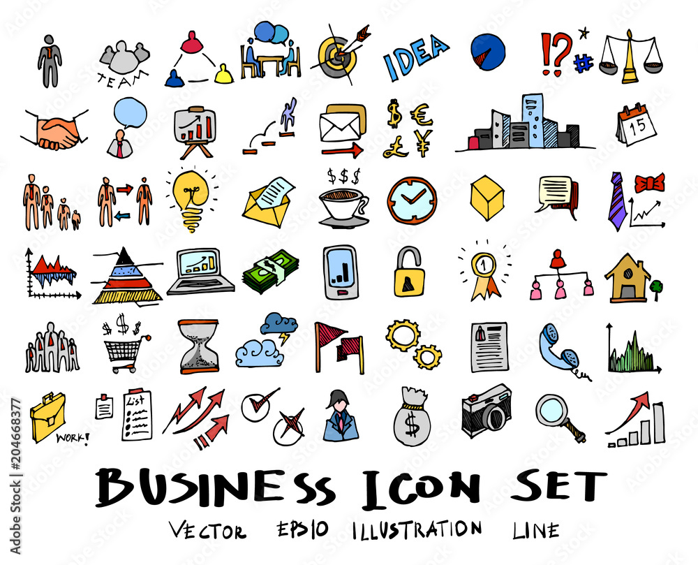 Hand drawn Sketch doodle vector line Business element colour icon set ...