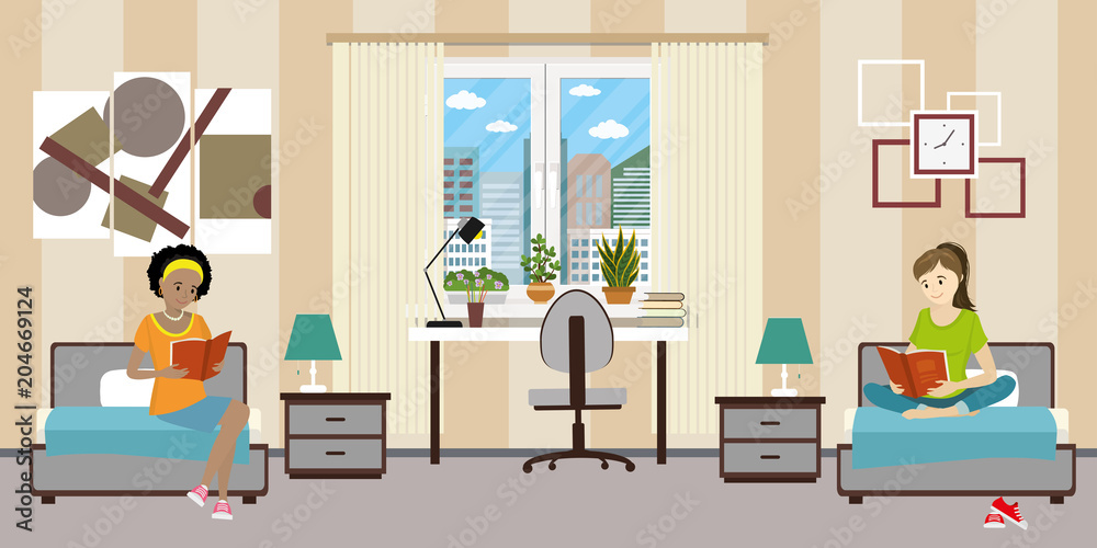 Cartoon teen female students in dormitory room. Girl characters ...
