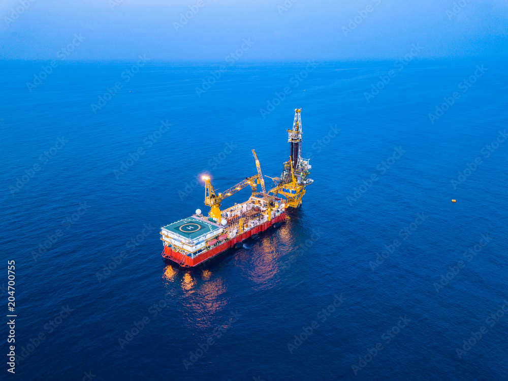 Aerial View of Tender Drilling Oil Rig (Barge Oil Rig) in The Middle of ...