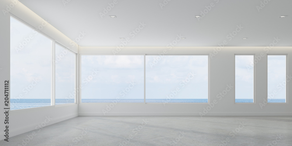 3D rendering of white room space with interior lighting and sun light ...