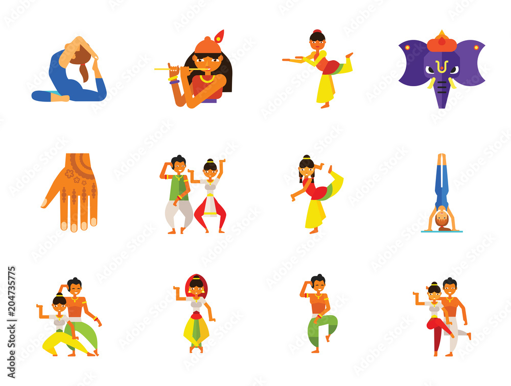 India Icon Set. Taj Mahal Dancing Indian Man Dancing Indian Woman Dance ...