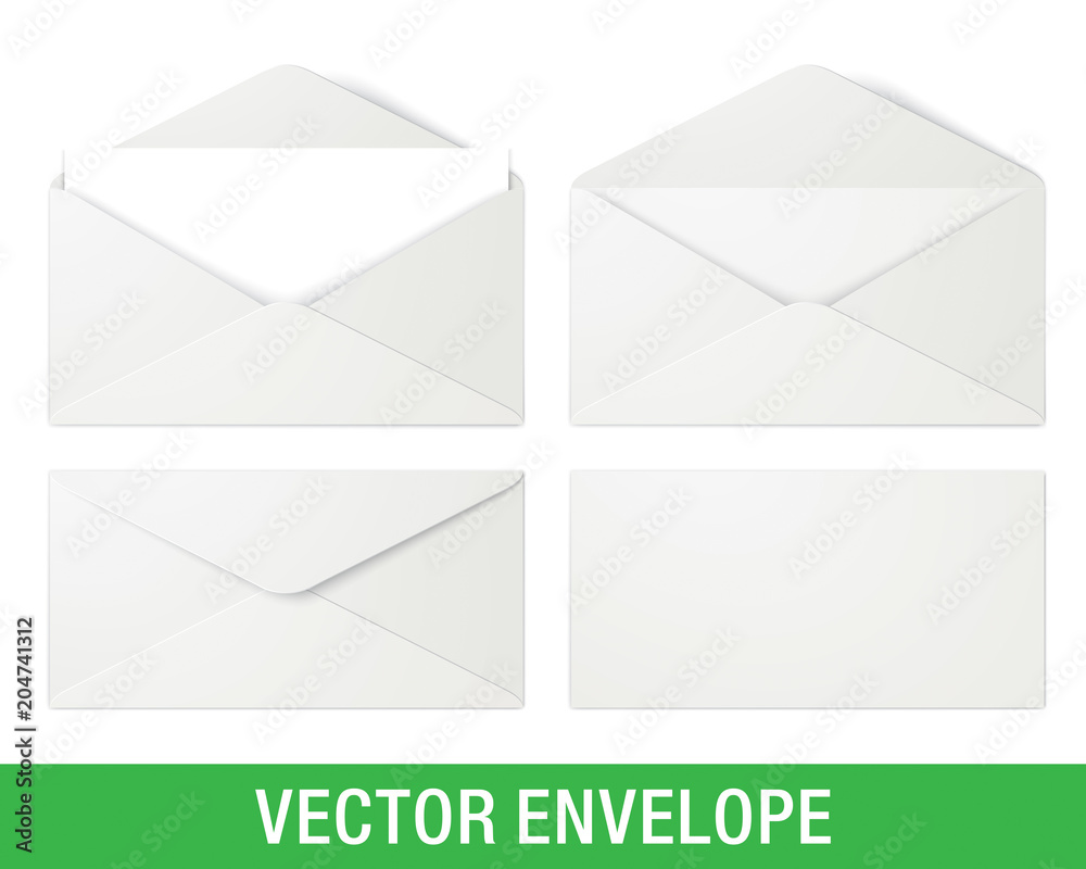 Set of white vector envelopes in different views, isolated on a white ...