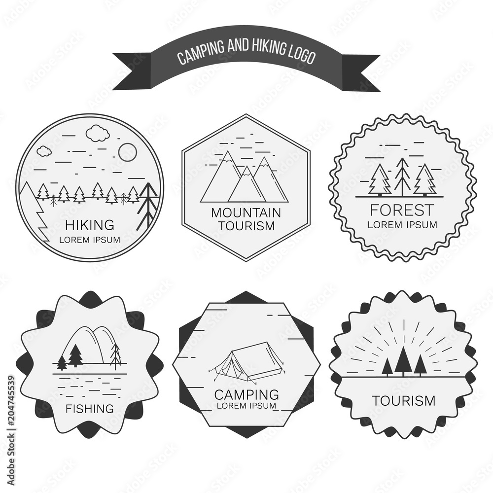 Vector illustration of outdoor activity symbol for campers, hiking. Set ...