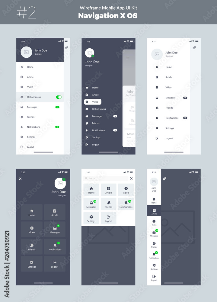Vetor de Wireframe kit for mobile phone X. Mobile App UI, UX design. New OS Navigation. Menu ...