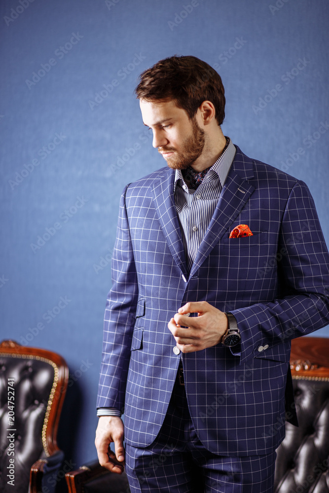 Stylish attractive male model in custom made expencive suit with ...