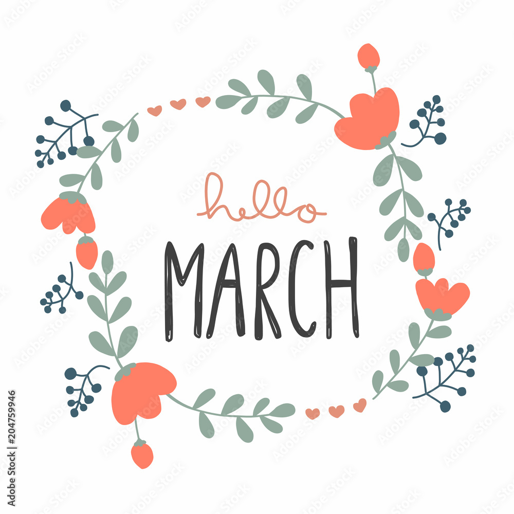 Hello March cute flower wreath vector illustration doodle style Stock ...