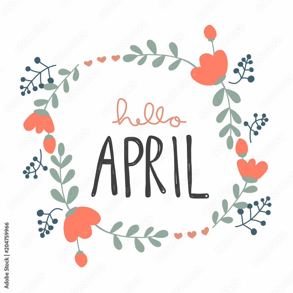 Hello April cute flower wreath vector illustration doodle style Stock ...
