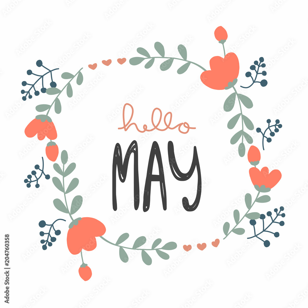 Hello May cute flower wreath vector illustration doodle style Stock ...