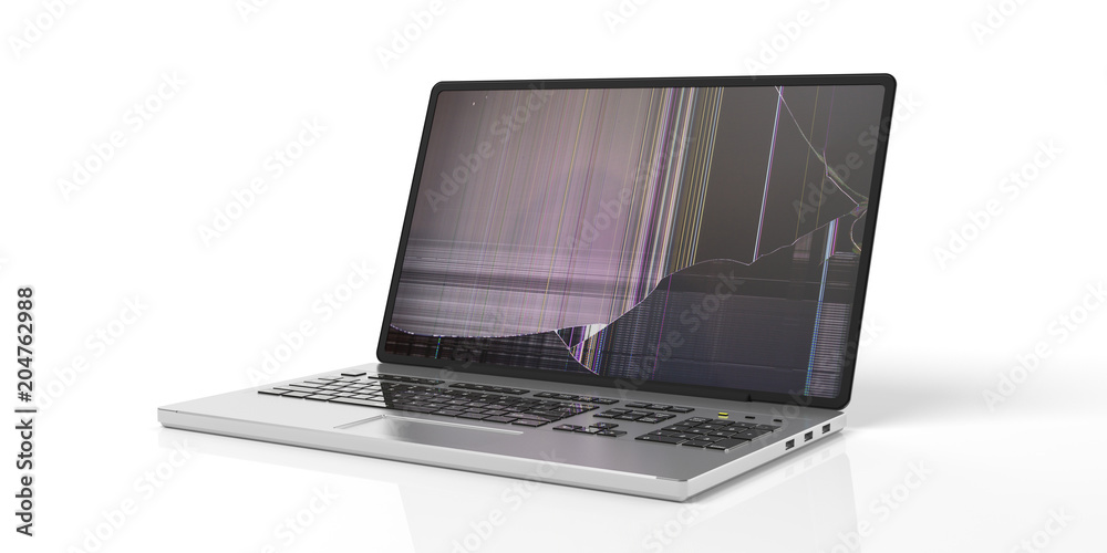 Computer laptop with broken screen isolated on white background. 3d ...