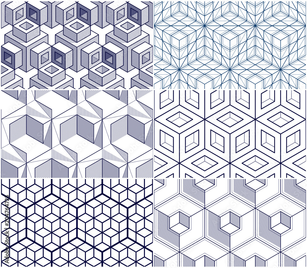 Stockvector Geometric cubes abstract seamless patterns set, 3d vector ...