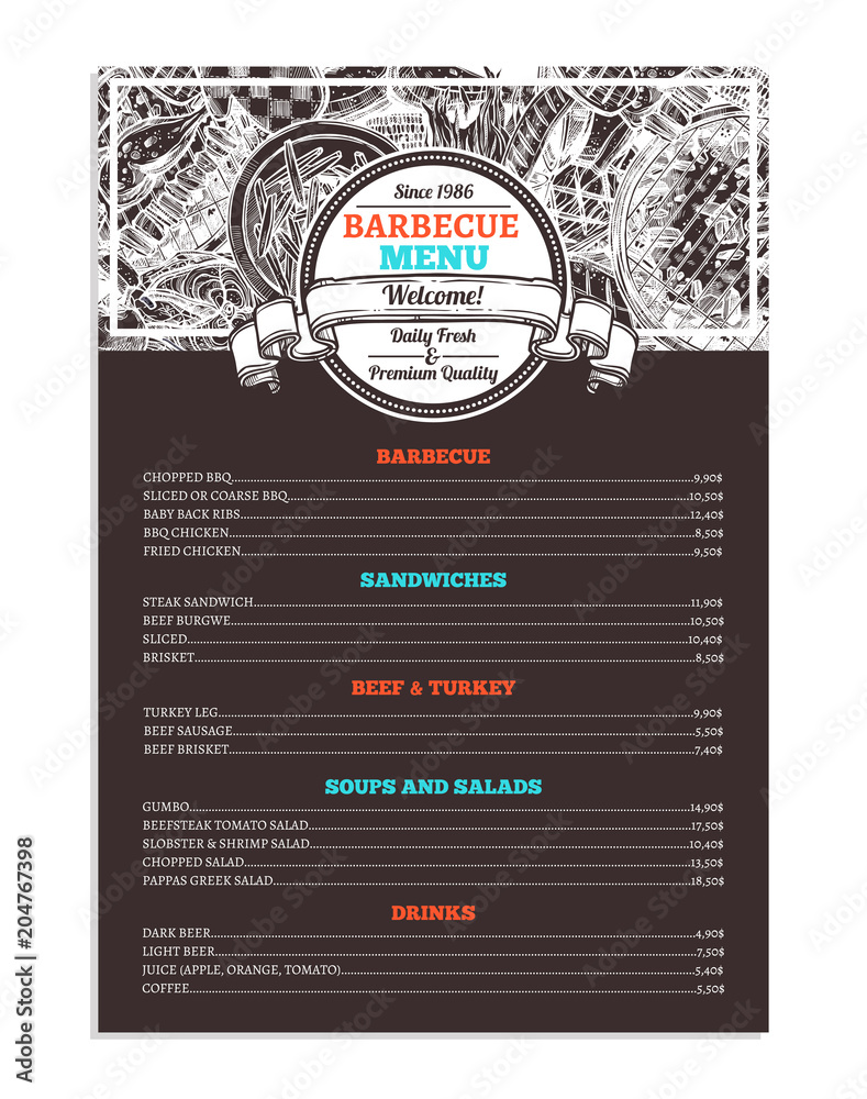 Barbecue And Grill Restaurant Menu. Template Design Of Bbq Brochure On ...