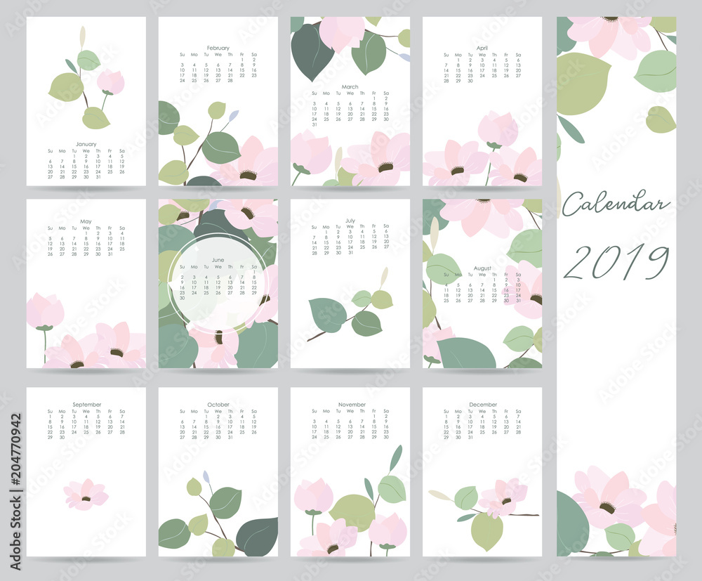 Colorful cute monthly calendar 2018 with leaf,flower.Can be used for ...