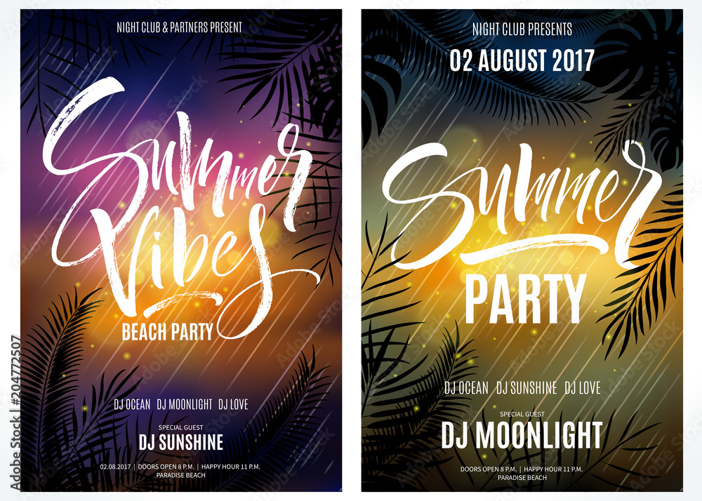 Summer Vibes Beach Party posters in sunset colors with exotic tropical ...