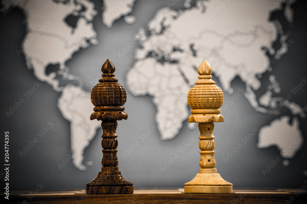 Various chess pieces are on the chessboard. Figures of two colors. In ...