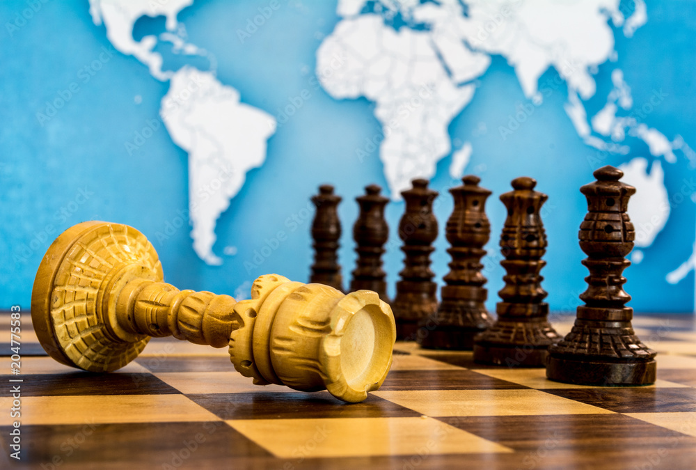 Various chess pieces are on the chessboard. Figures of two colors. In ...