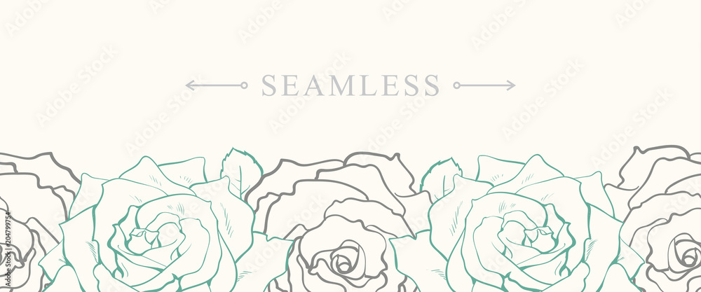 Rose flowers border seamless pattern in sketch style on white ...