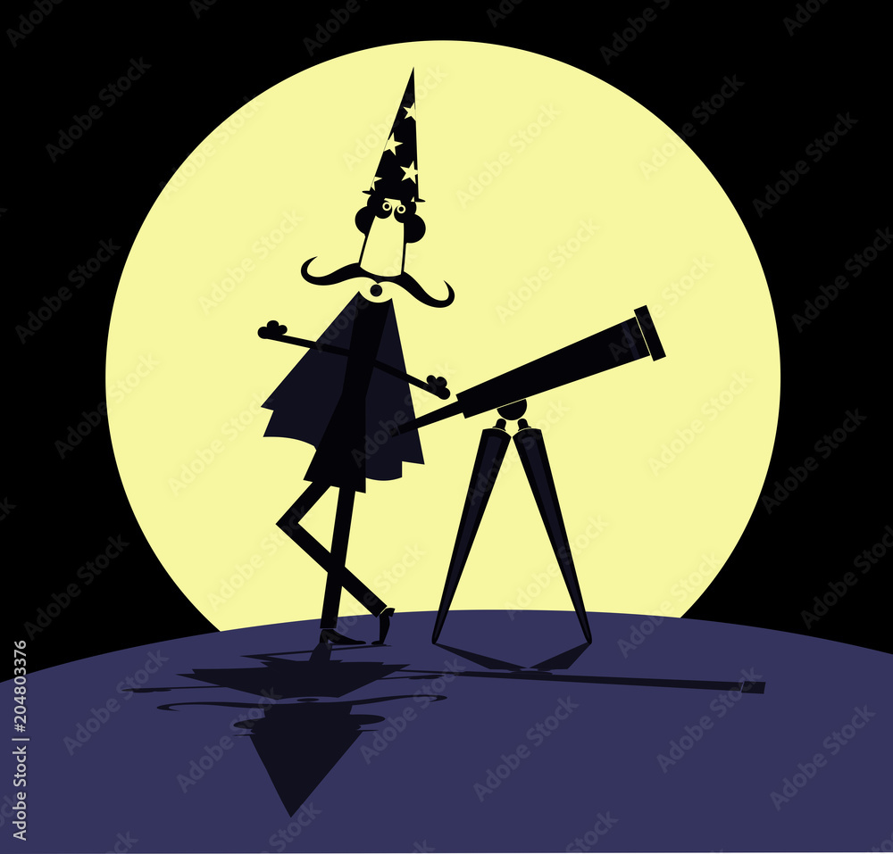 Cartoon stargazer with telescope and full moon illustration. Funny ...