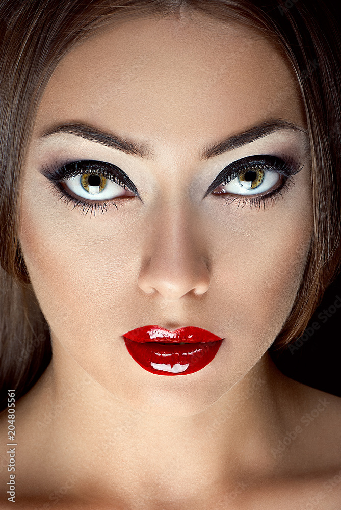 sexy beauty girl with glossy red lips and expressive eyes Stock Photo ...