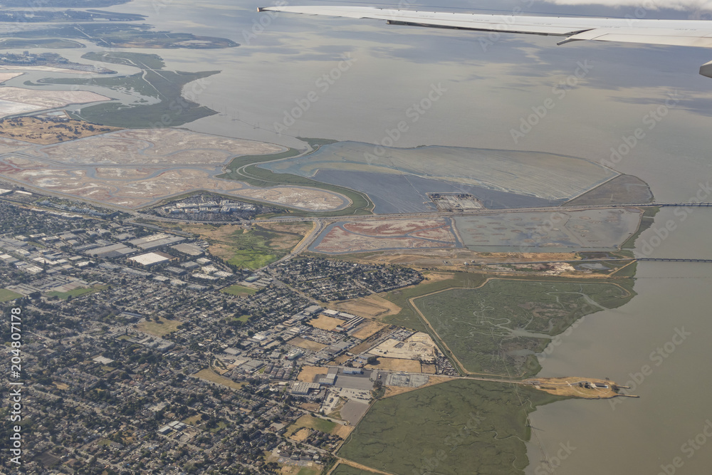 Aerial view of the Bedwell Bayfront Park, wetland and cityscape Stock ...