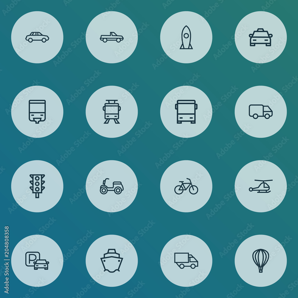 Transport icons line style set with aerostat, chopper, cabriolet and ...