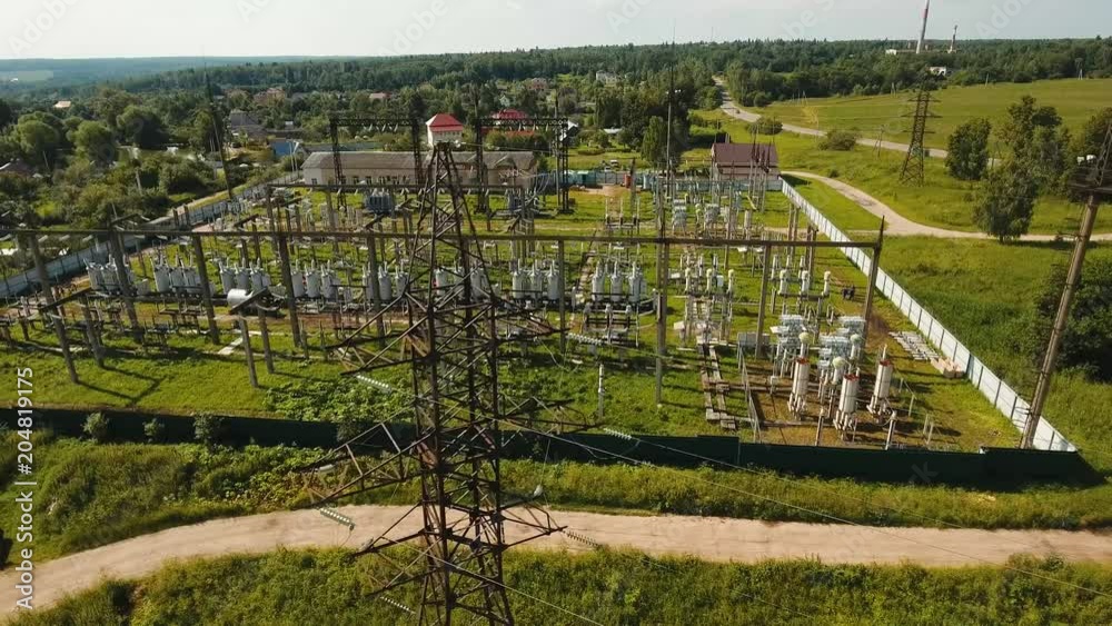 Aerial view Power plant, transformation station, cables and wires. High ...
