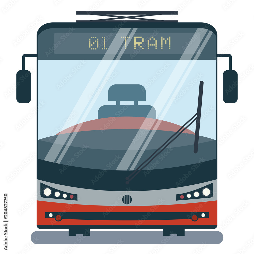 Modern flat cartoon illustration of front side of stylized tram. Stock ...