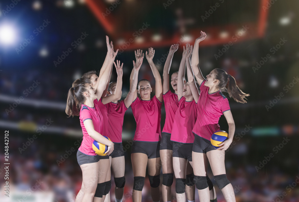 Woman volleyball Players celebrating victory and gold medal Stock Photo ...